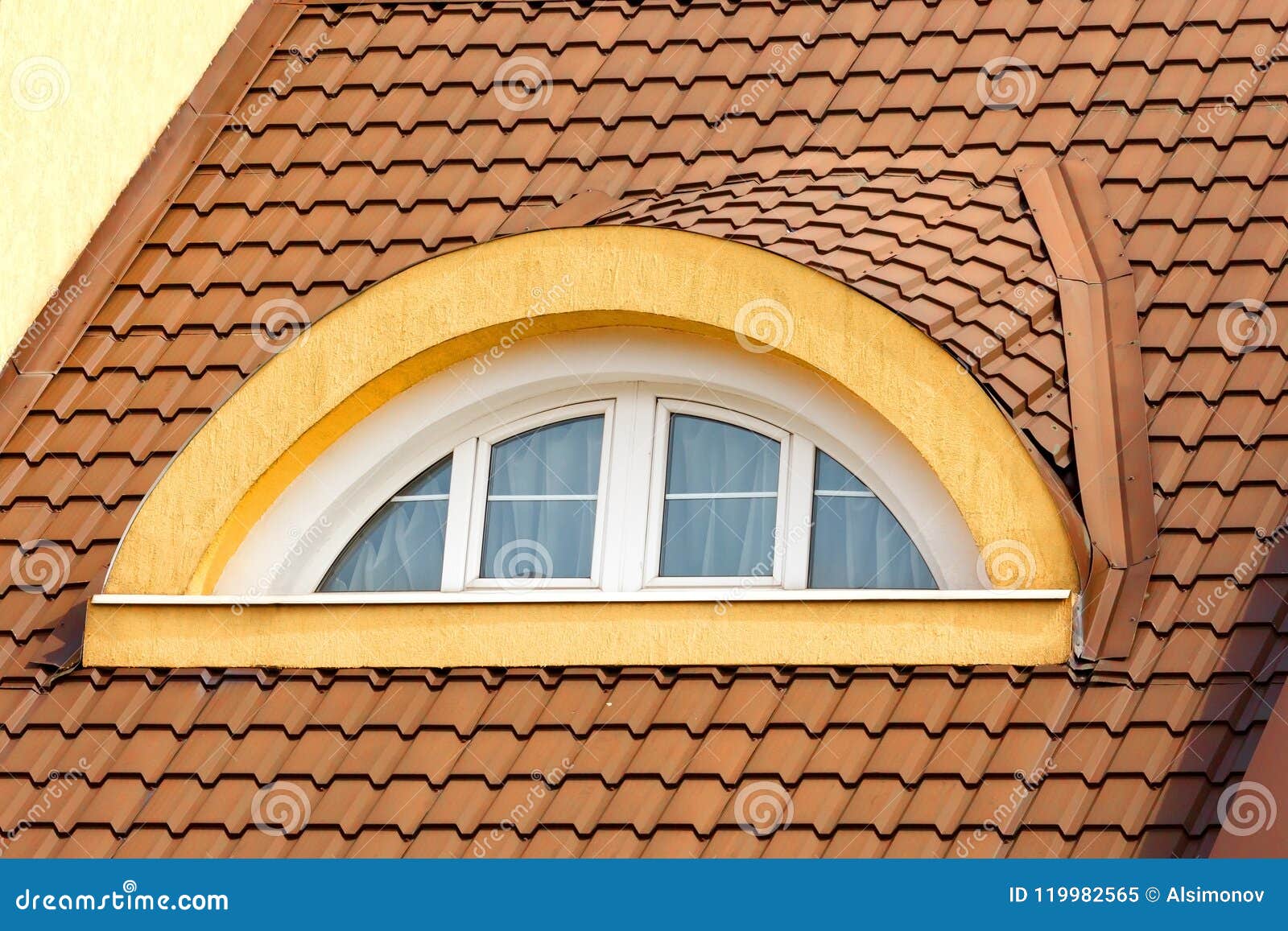 Semicircular, Arched Attic Window In The Background Of The Brown Roof ...
