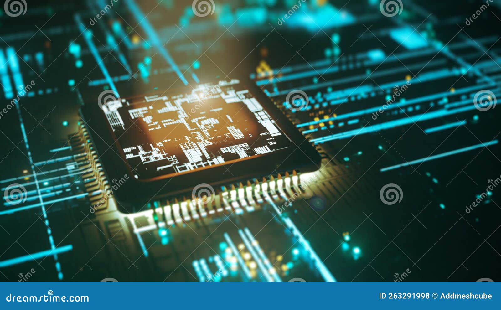 CPU Chip With Bright Connections. Green Microprocessor. Abstract Light ...