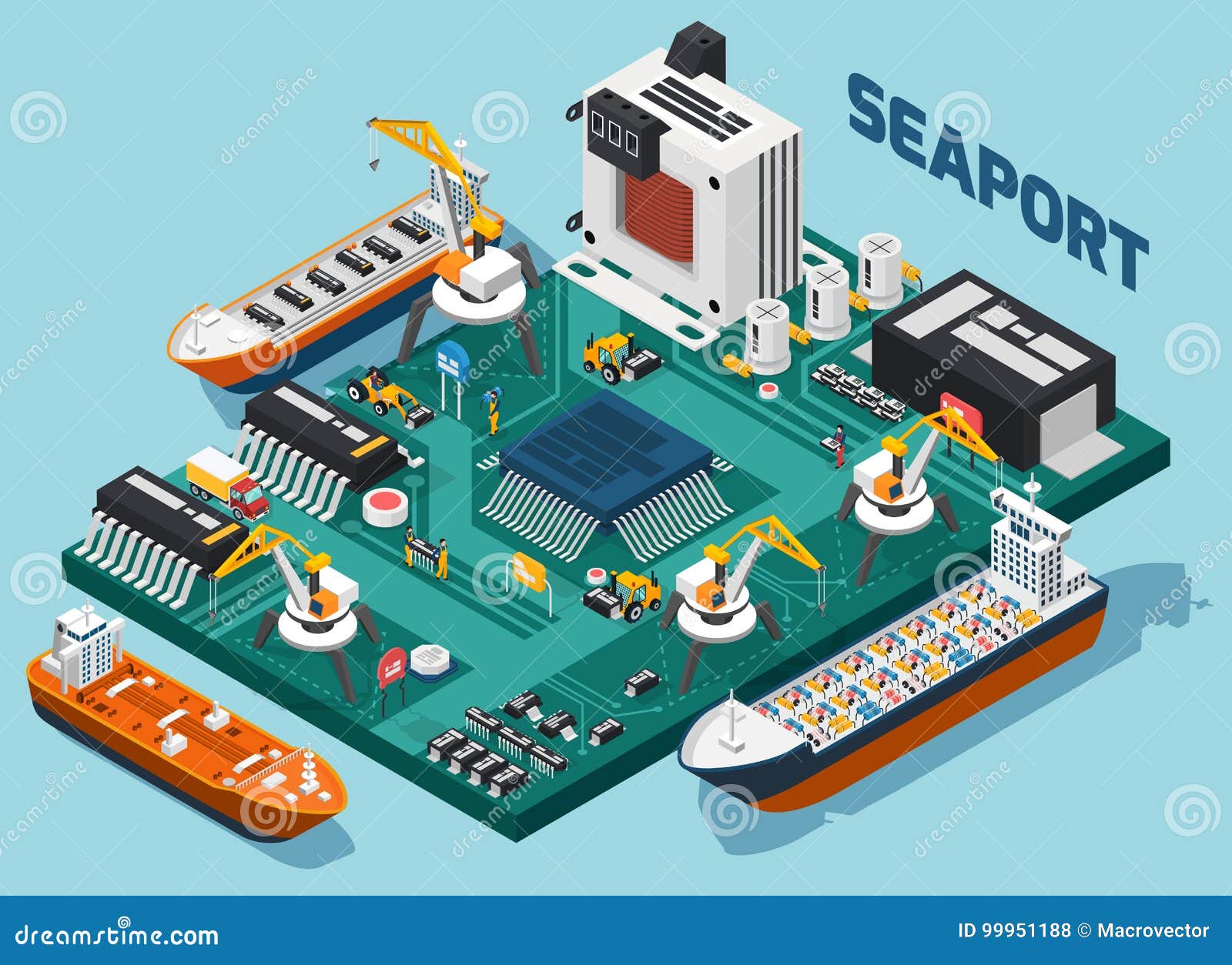 Isometric Seaport Elements, Cargo Ships, Barges And Containers. Marine ...