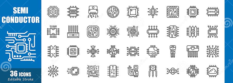Semiconductors . Technology Outline Icon Collection . Editable Stroke ...