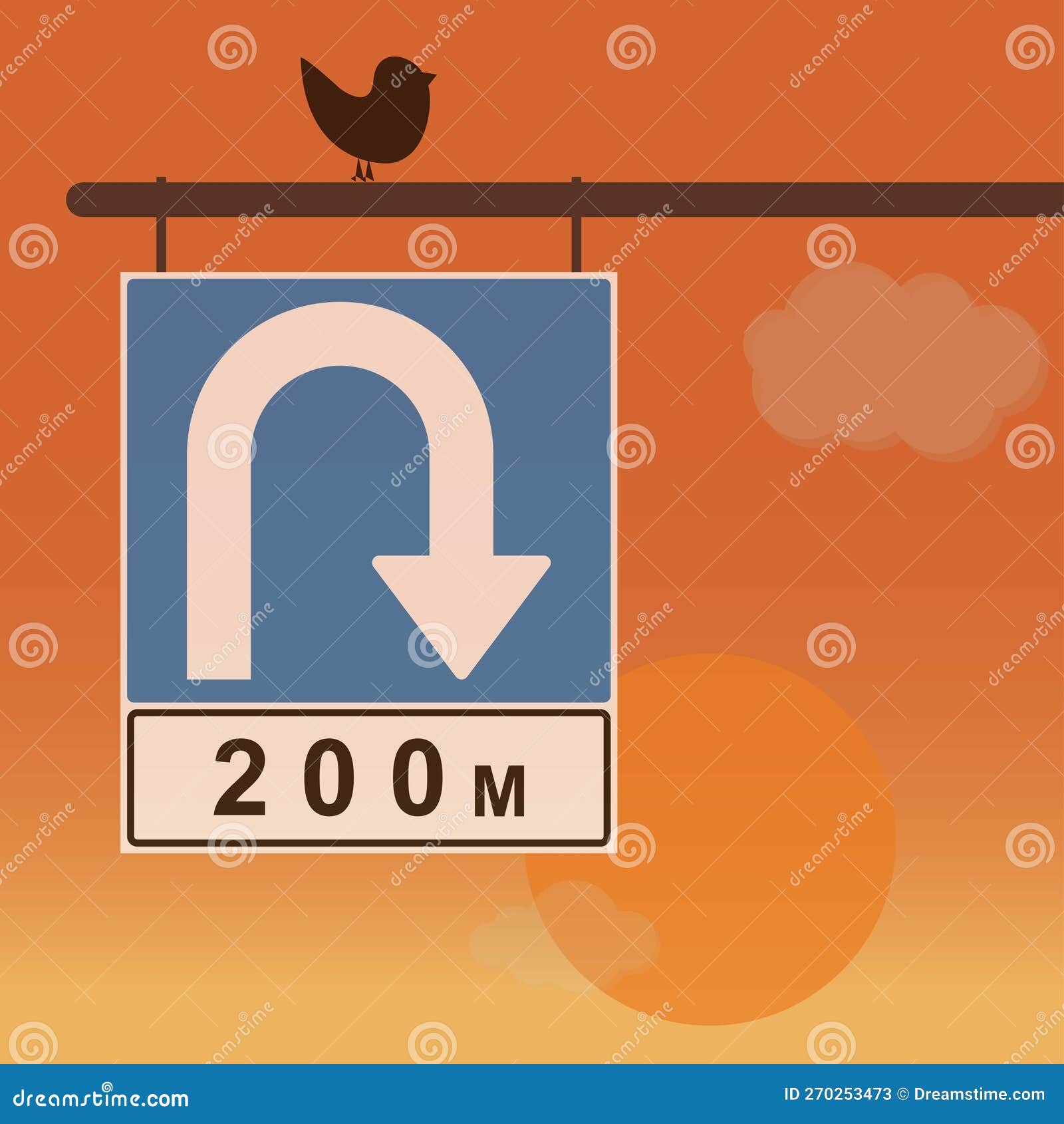 Curved Arrow Road Traffic Sign with a Bird Above it Stock Vector ...