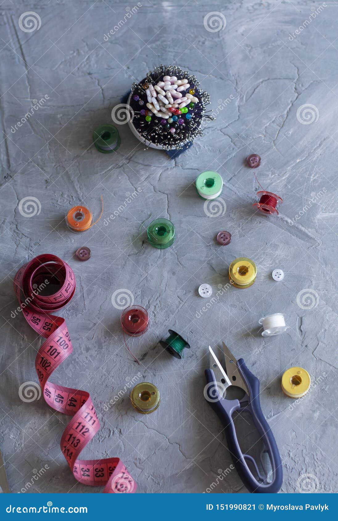 A Sempstress Inventory: Measure Tape, Buttons, Needles, Threads and ...