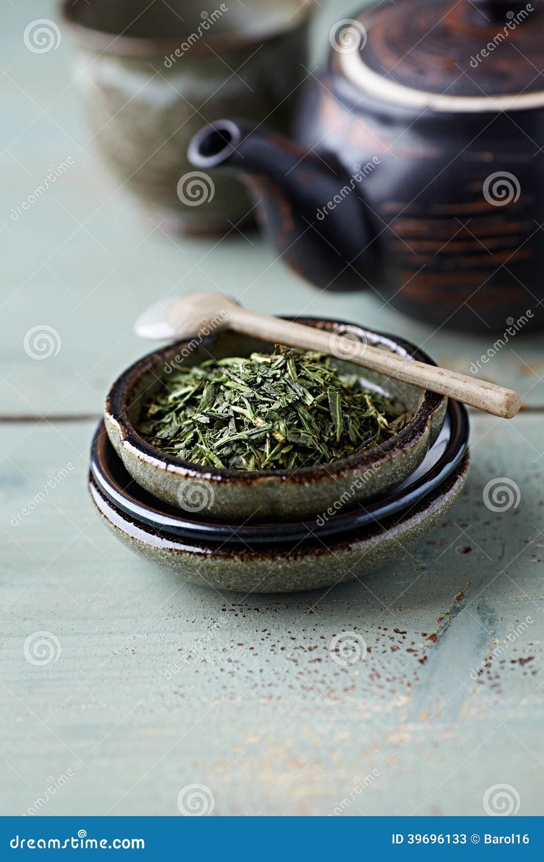 Sencha Green Tea on a Ceramic Plate Stock Image - Image of gray, dish ...