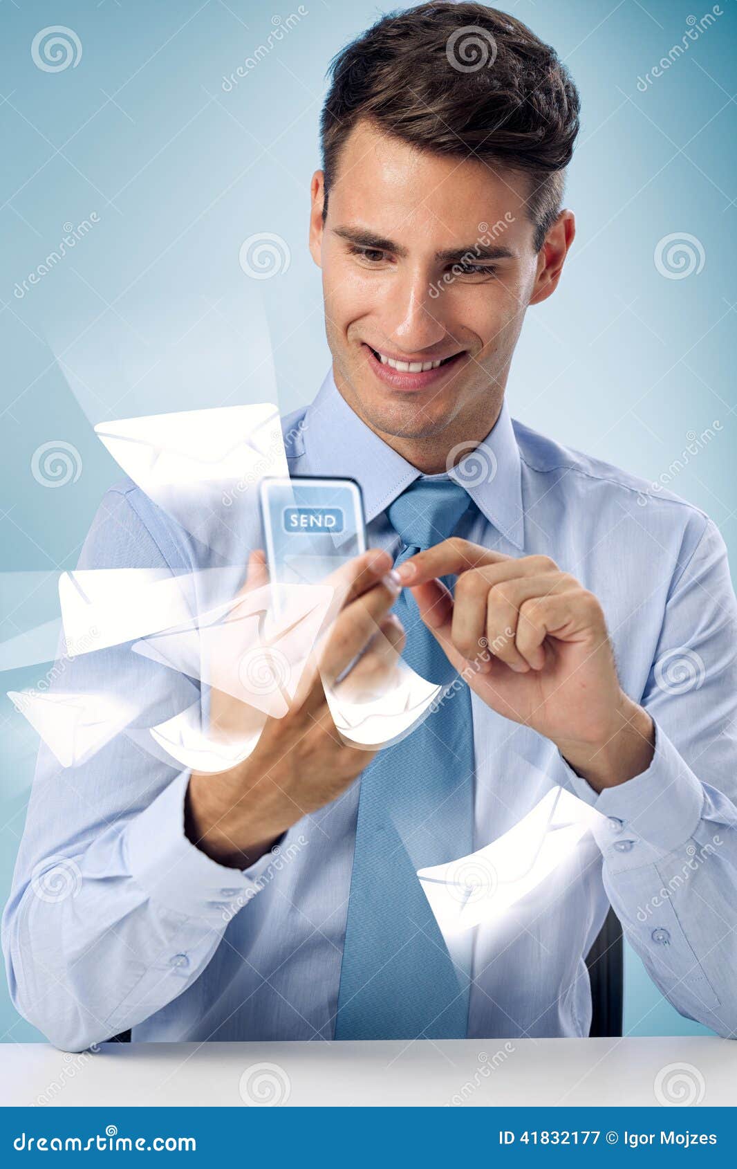 Sending Mail - Smiling Man Using Futuristic Phone Stock Image - Image ...