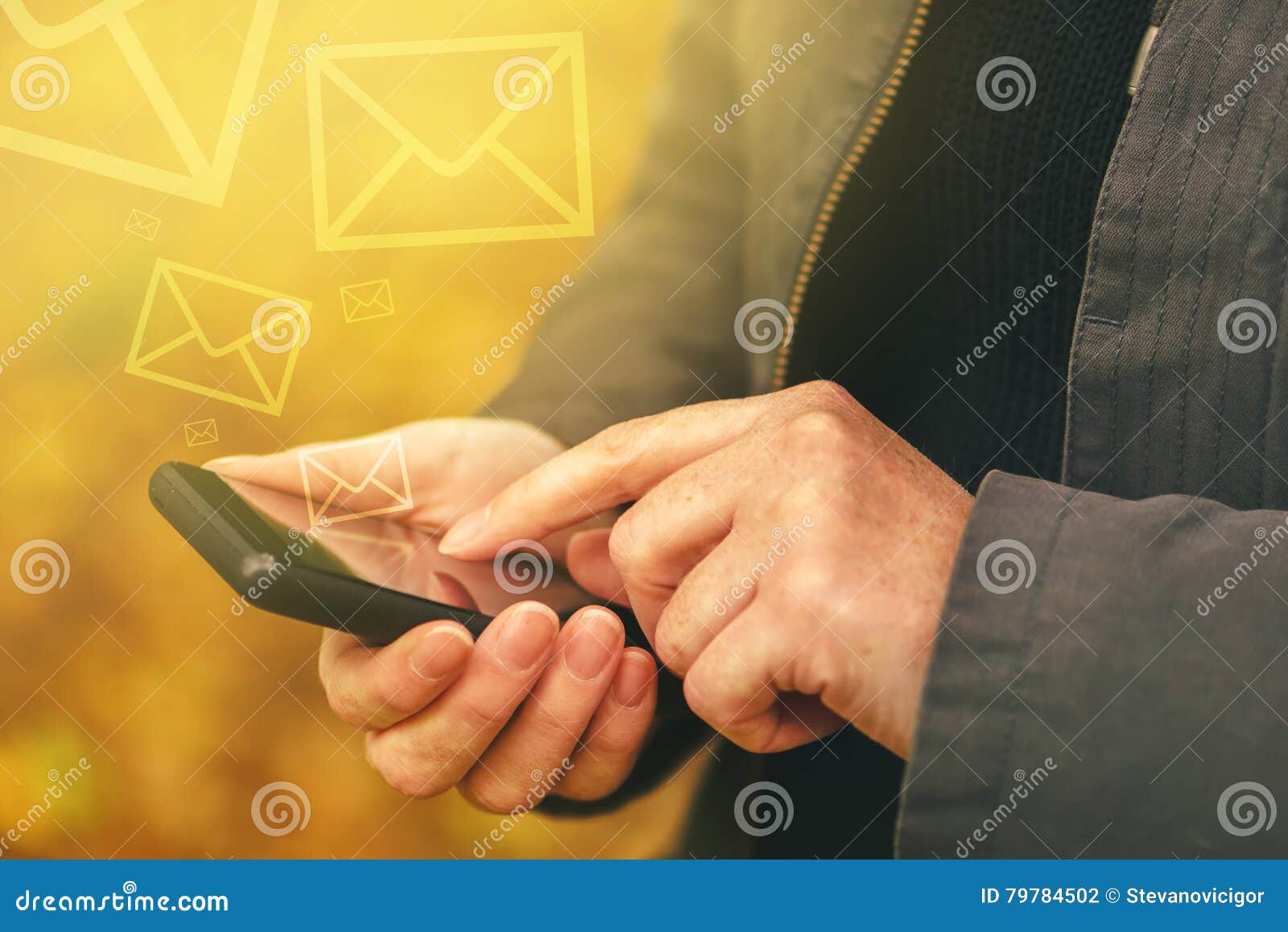 Sending SMS Messages on Mobile Phone in Autumn Stock Photo - Image of ...