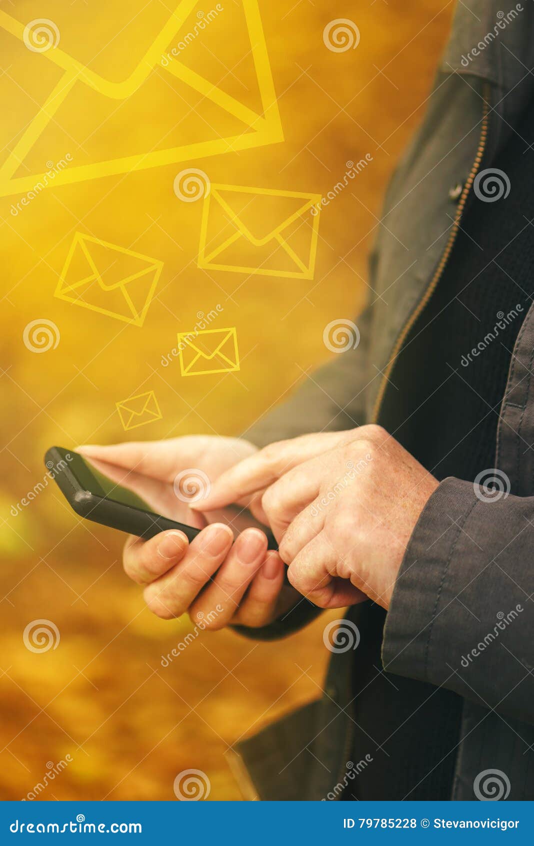 Sending SMS Messages on Mobile Phone in Autumn Stock Photo - Image of ...