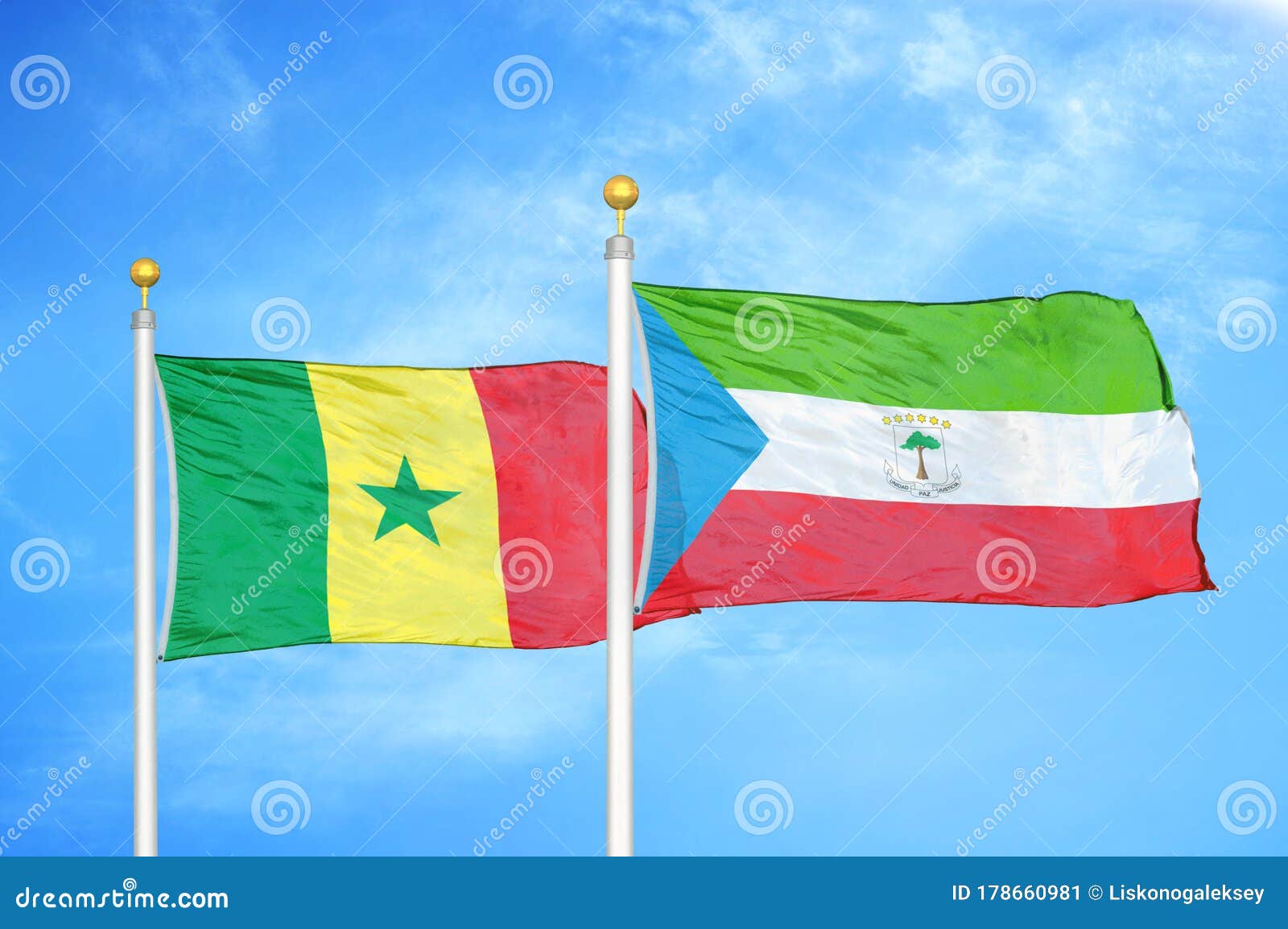 Senegal and Equatorial Guinea Two Flags on Flagpoles and Blue Cloudy ...
