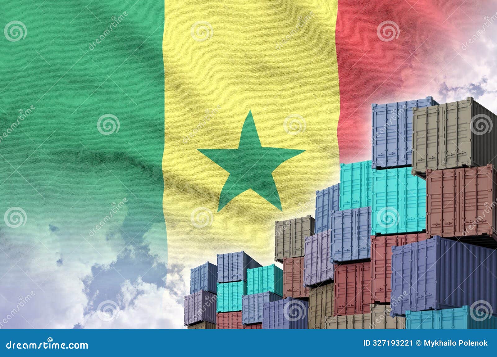 Senegal Flag and Big Stack of Shipping Cargo Containers in Docks with ...