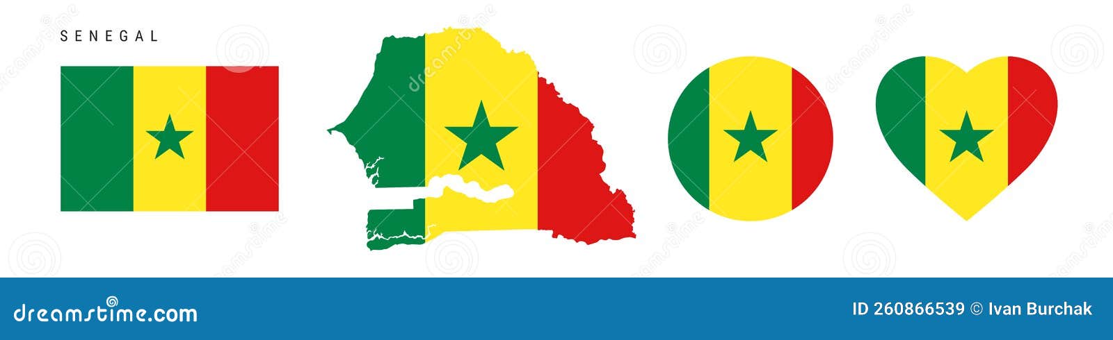 Senegal Flag In Different Shapes Icon Set Flat Vector Illustration