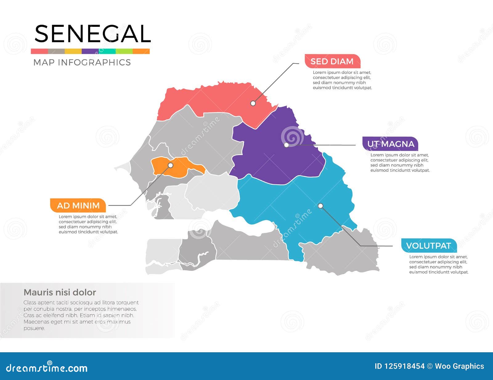 Senegal Map Infographics Vector Template with Regions and Pointer Marks ...