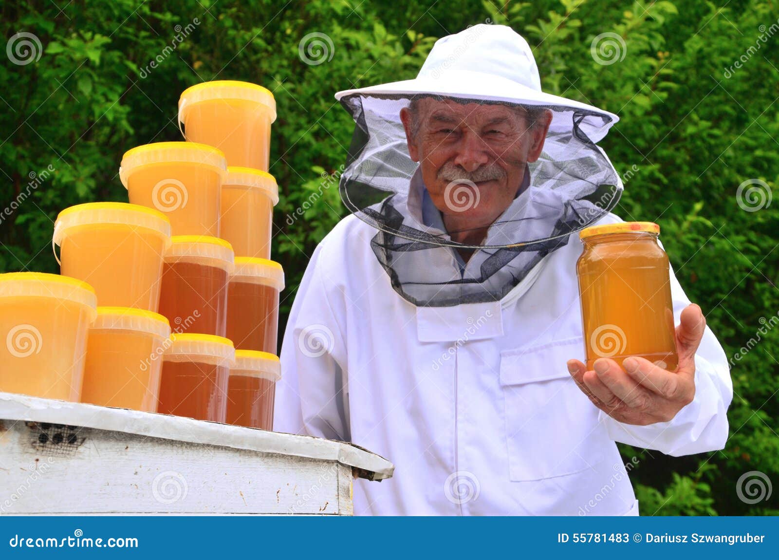 Senior Apiarist Presenting Jar of Fresh Honey in Apiary Stock Image ...