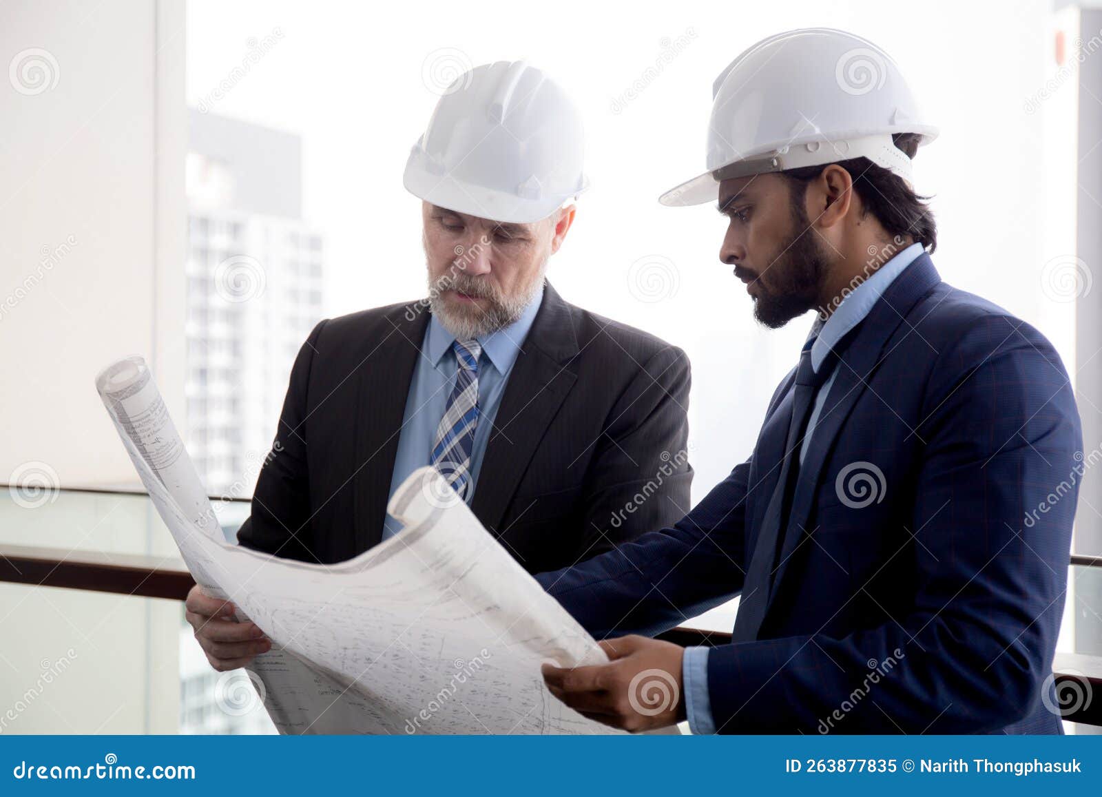 Senior Architect Inspector Check Blueprint and Structure with ...