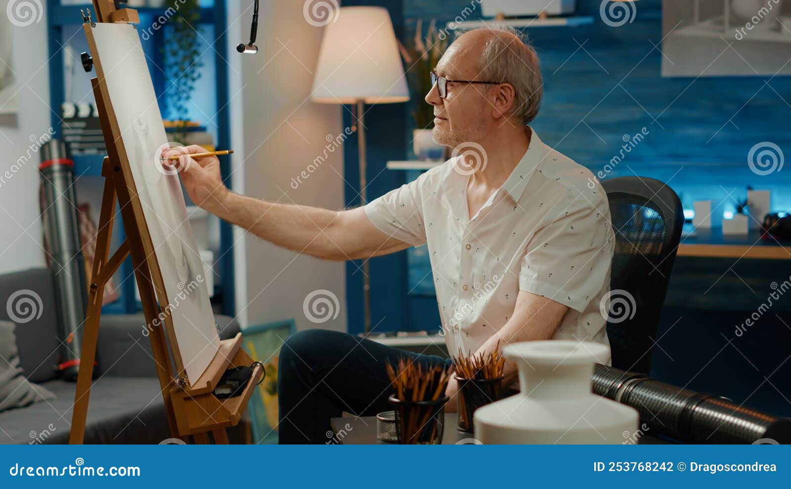 Senior Artist Drawing Professional Artwork with Vase Model Stock Photo ...
