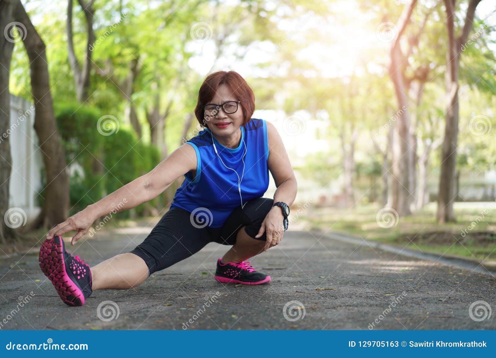 Senior Asian Woman Stretch Muscles At Park Stock Image Image Of