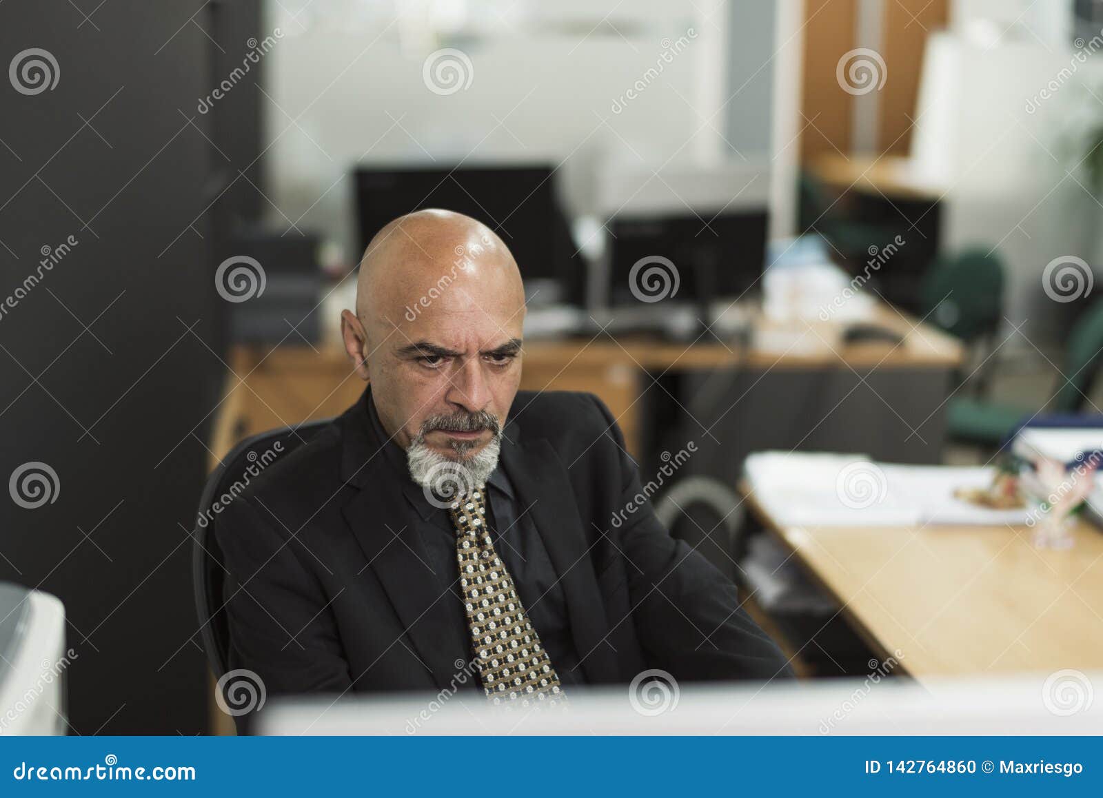 Senior Bald Man Working in Office with Black Suit Stock Photo - Image ...
