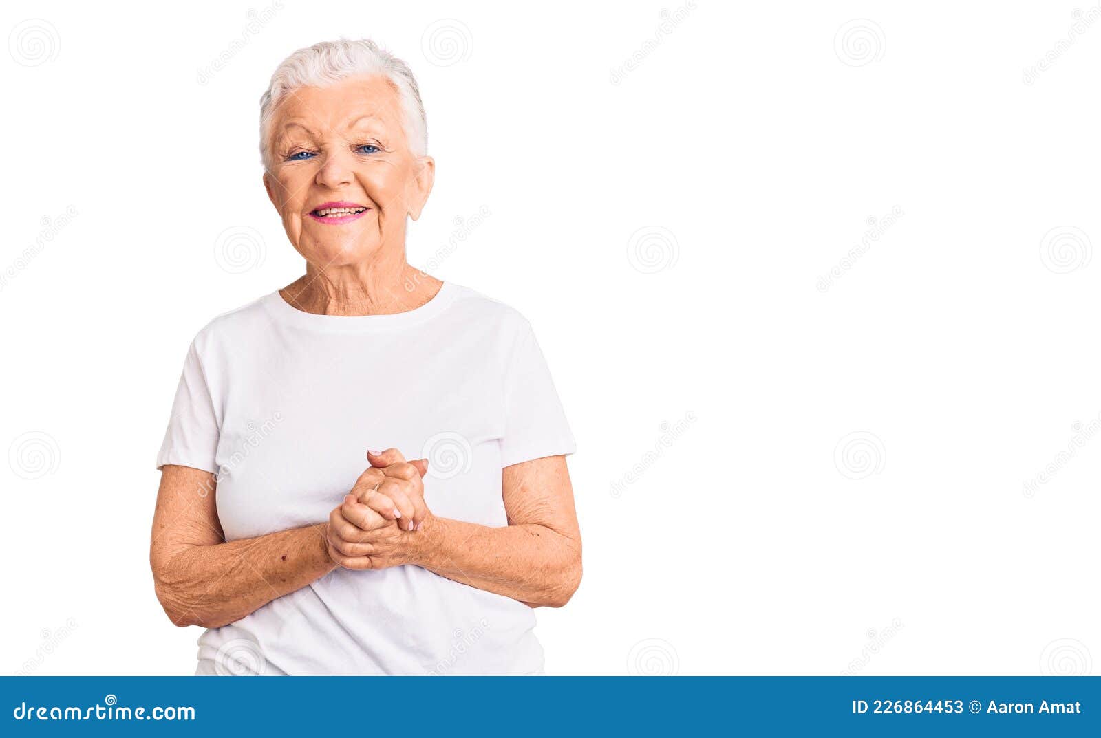 Senior Beautiful Woman With Blue Eyes And Grey Hair Wearing Casual