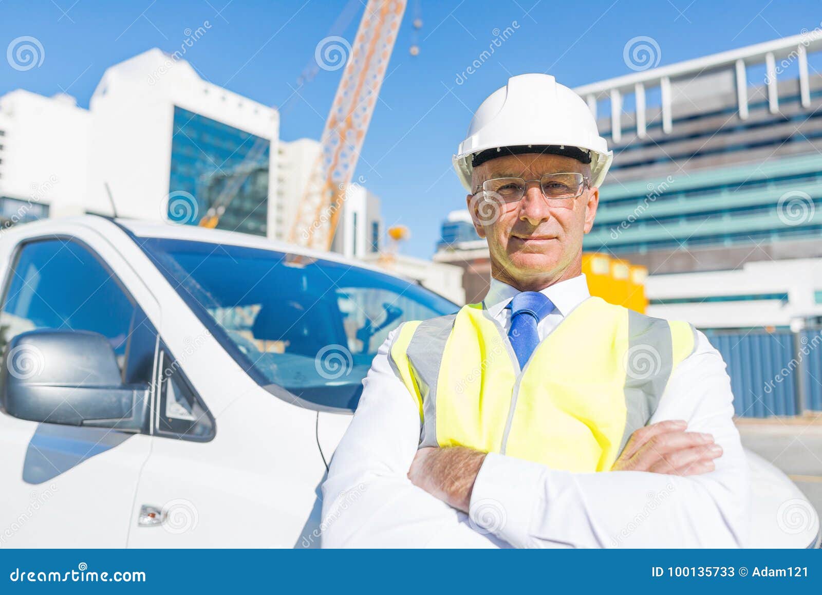 Senior Builder Man Outdoors at Construction Site Near His Car Looking ...