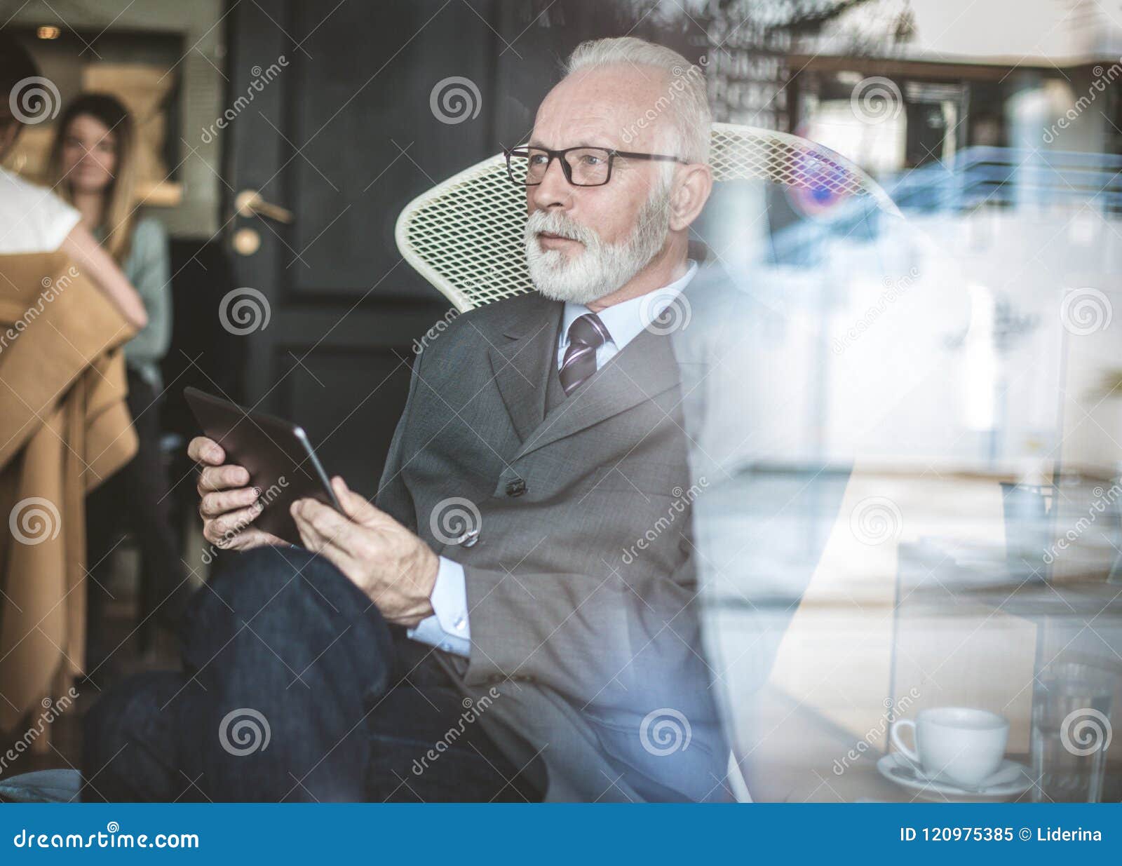 Senior Businessman at Cafe Working. Stock Image - Image of leadership ... Senior Businessman at Cafe Working. Stock Image - Image of leadership ...