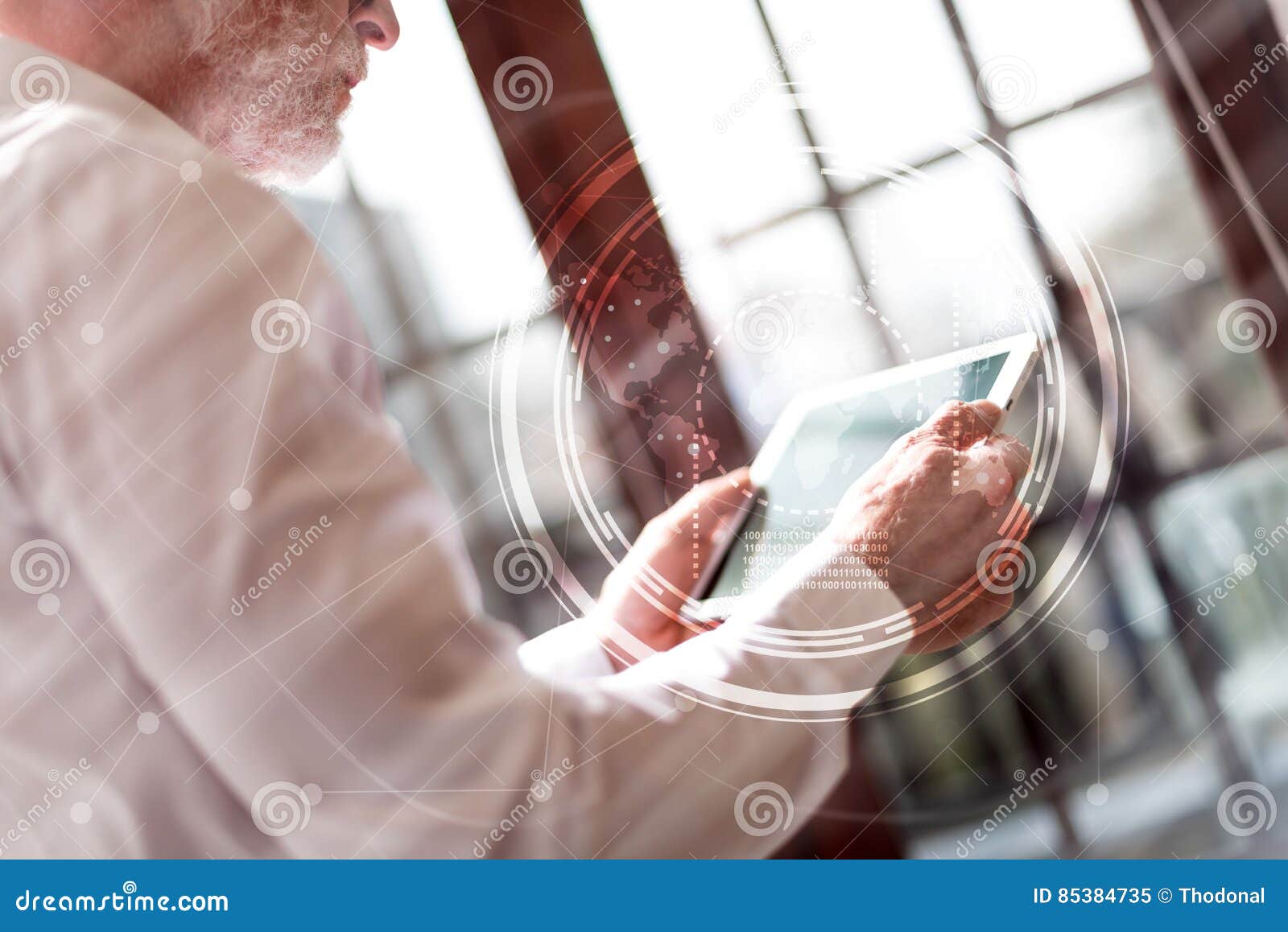 Senior Businessman with Tablet, Light Effect, Double Exposure with ...