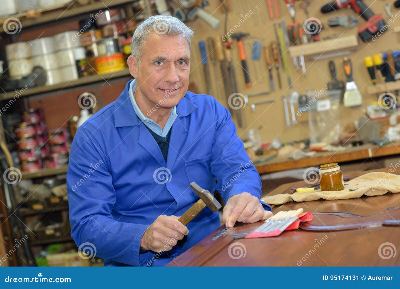 Senior Carpenter Working with Hammer in Workshop Stock Image - Image of ...