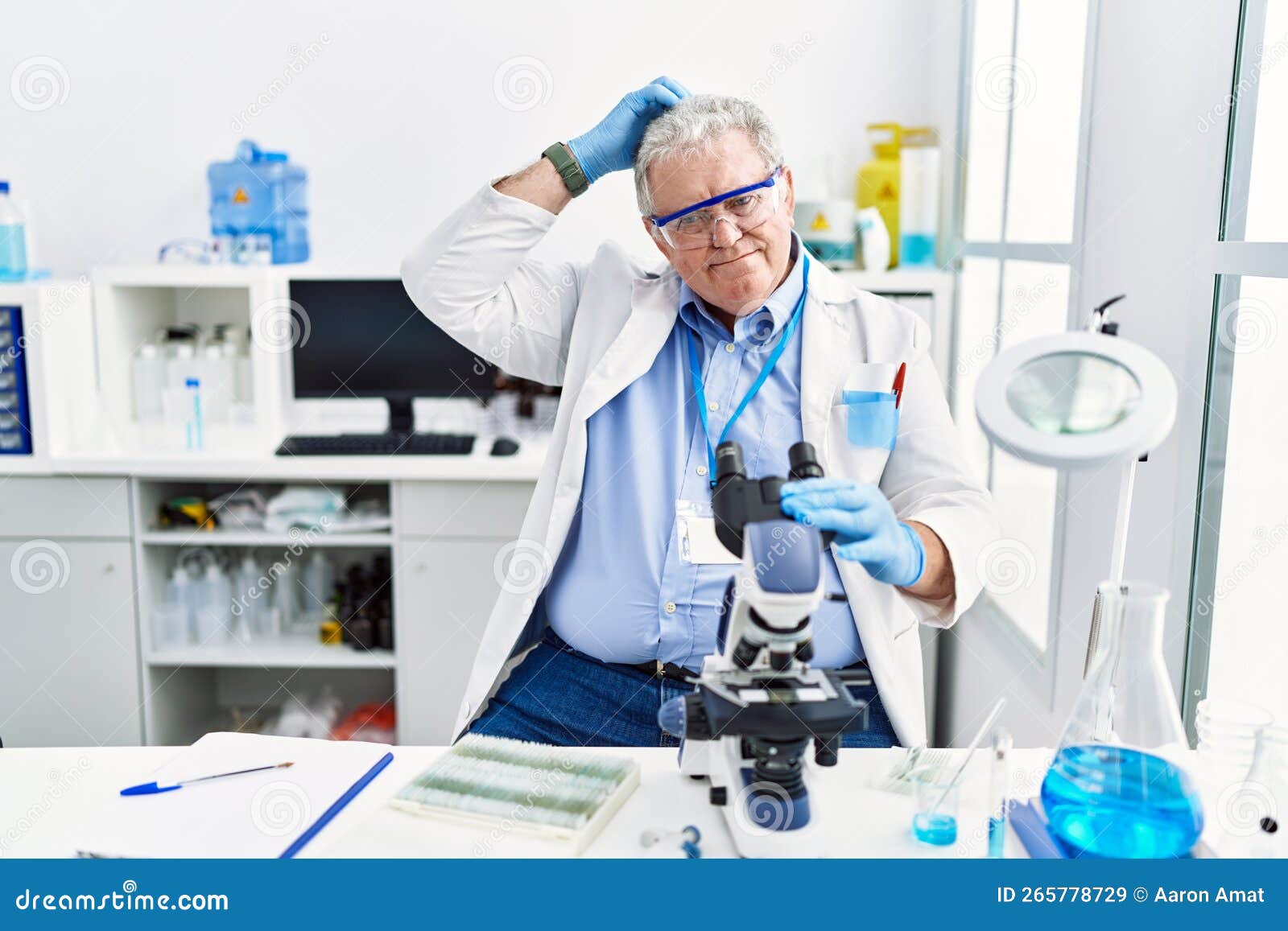 Senior Caucasian Man Working at Scientist Laboratory Confuse and ...