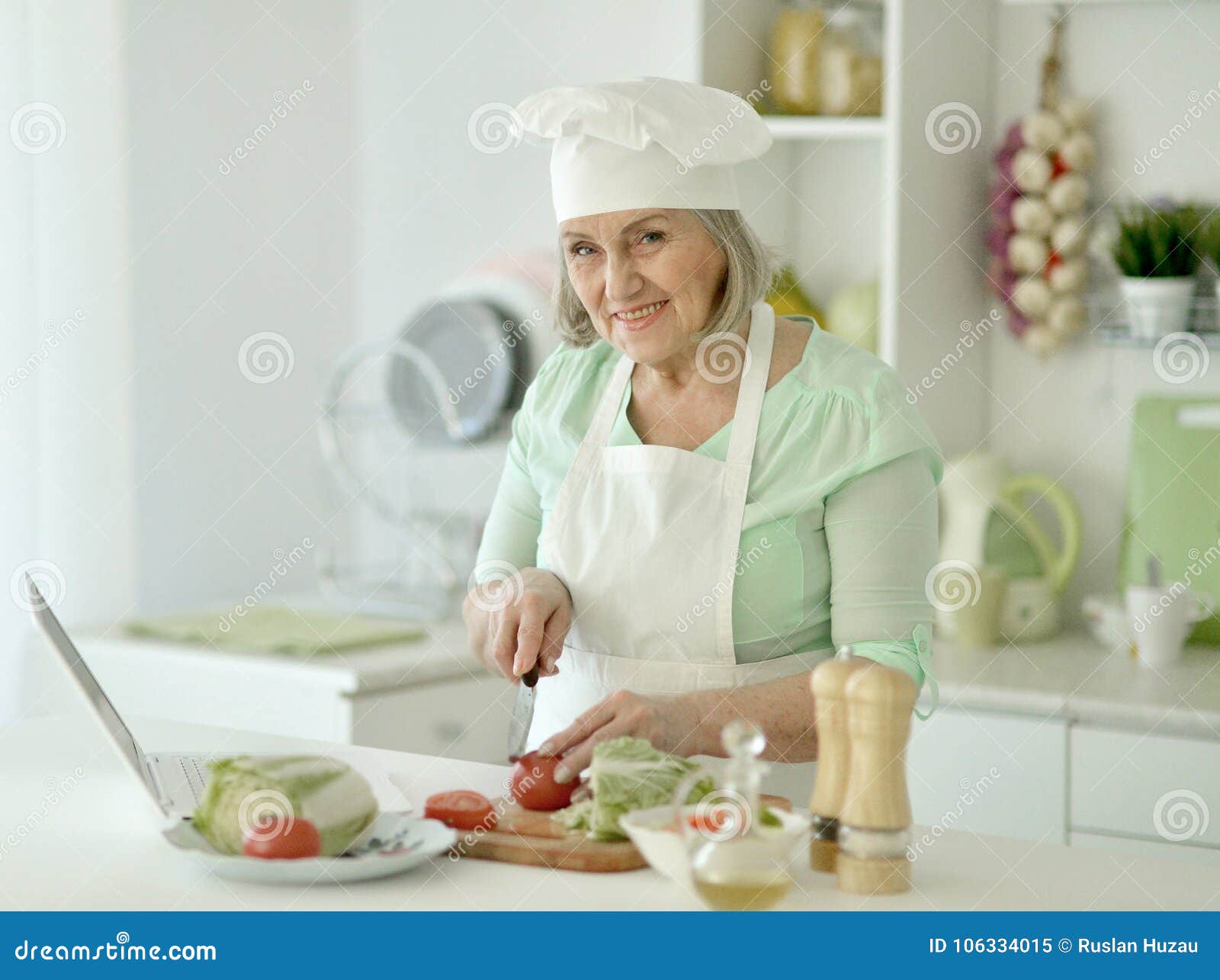 Senior Chef Woman Portrait at Kitchen Stock Image - Image of gentle ...