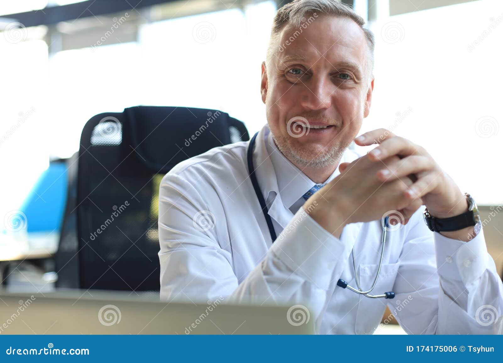 Senior Chief Physician in White Robe with Stethoscope Stock Photo ...