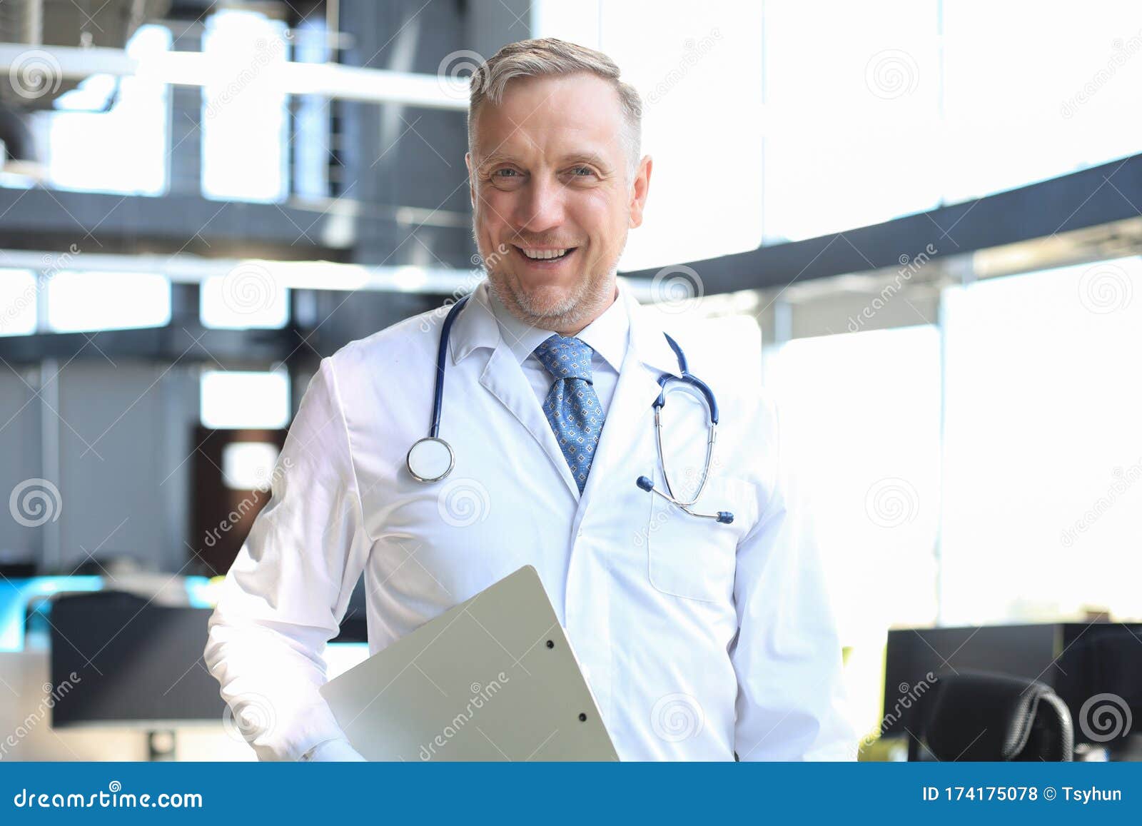 Senior Chief Physician in White Robe with Stethoscope Stock Photo ...
