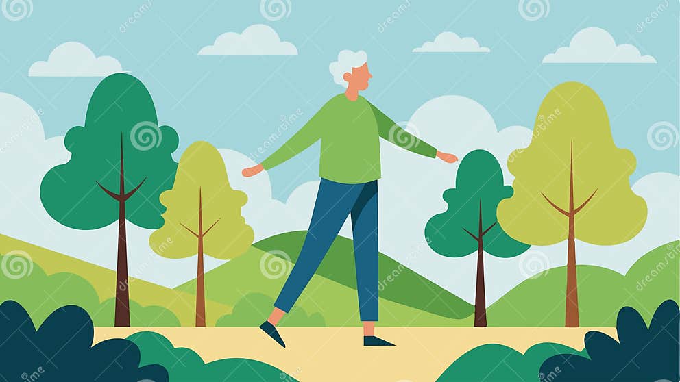 A Senior Citizen Practicing Balancing Exercises while Walking on a Path ...