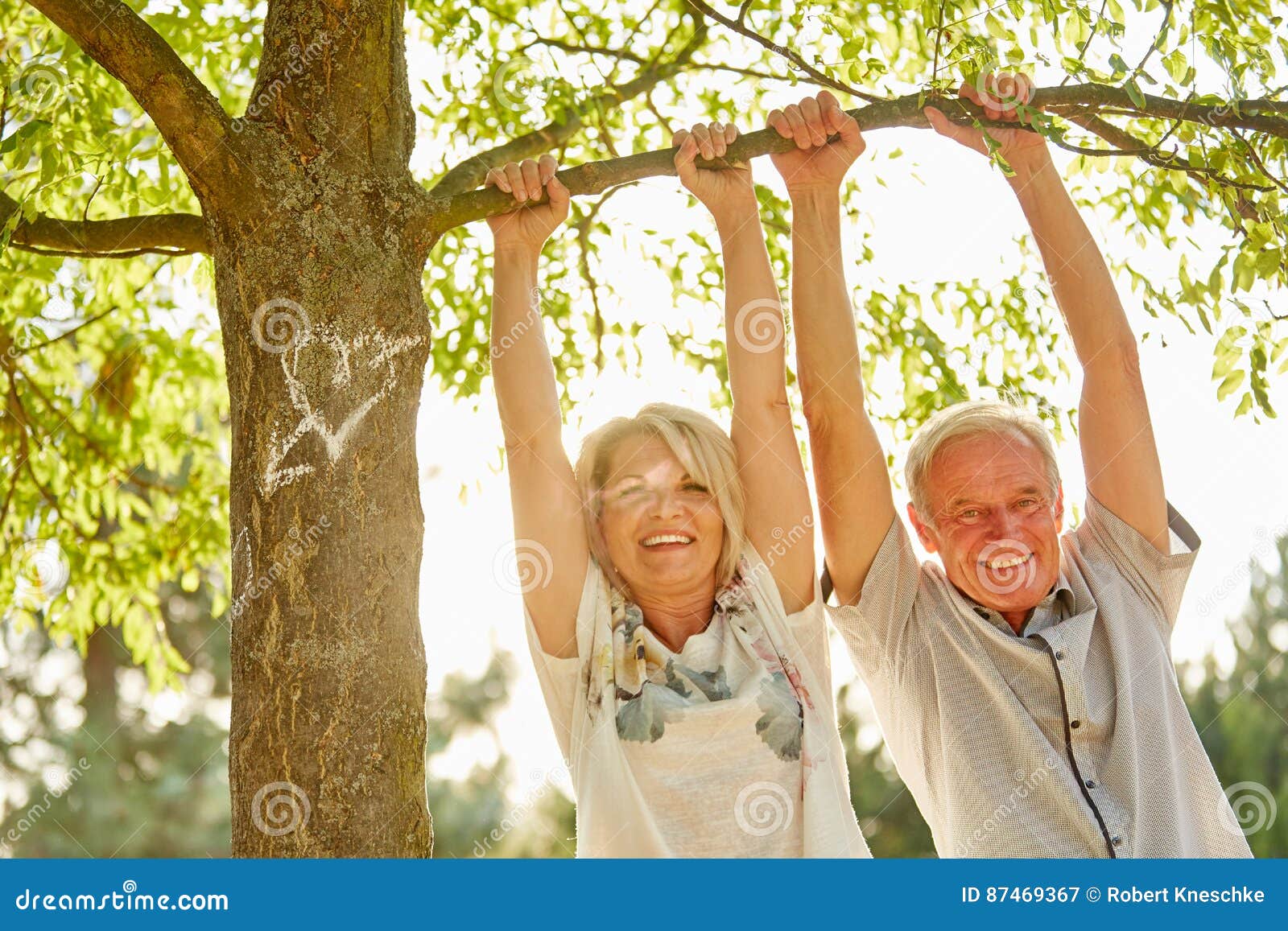 Senior Couple Happily Hanging from a Tree Stock Image - Image of ...