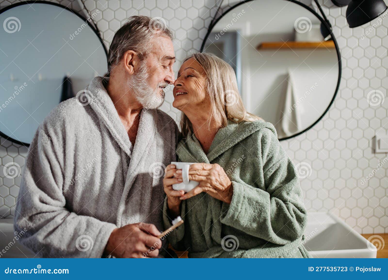 Senior Couple Having Morning Routine in Their Bathroom. Stock Image ...