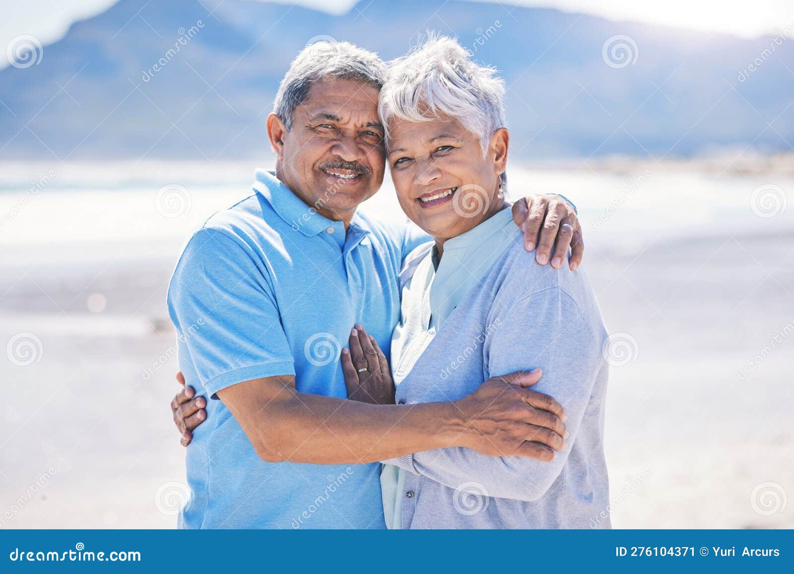 Senior Couple Hug And Beach Love Portrait Outdoor With Romance In