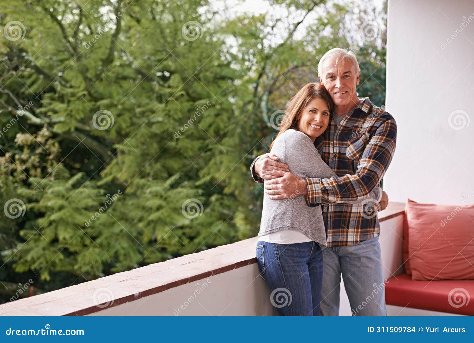 Senior Couple Hug And Portrait On Balcony With Happy Love And Outdoor