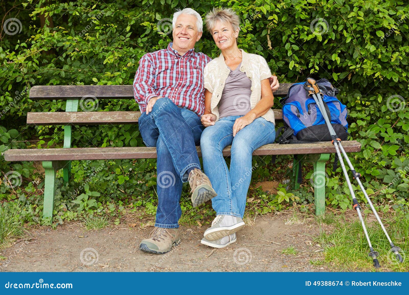 Senior Couple Taking Break on Bench Stock Photo - Image of rest, hiking ...