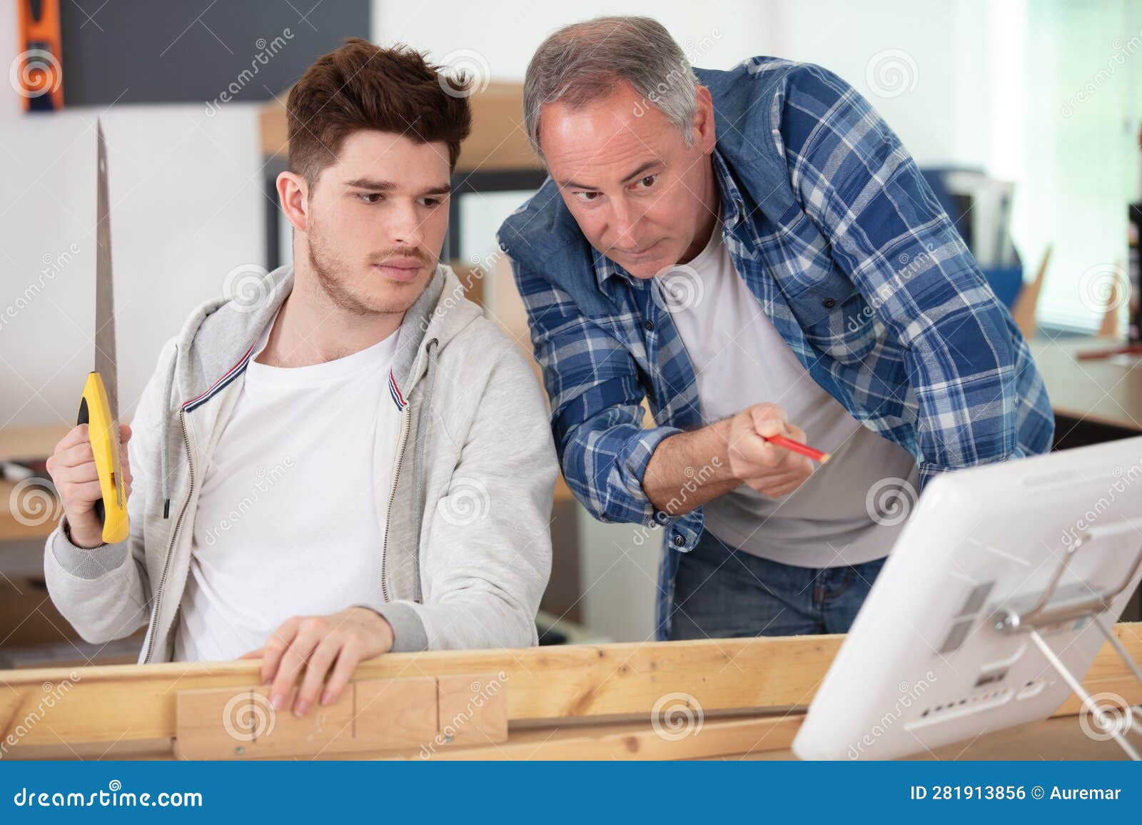 Senior and Craftsman Apprentice Together at Laptop Computer in Workshop ...