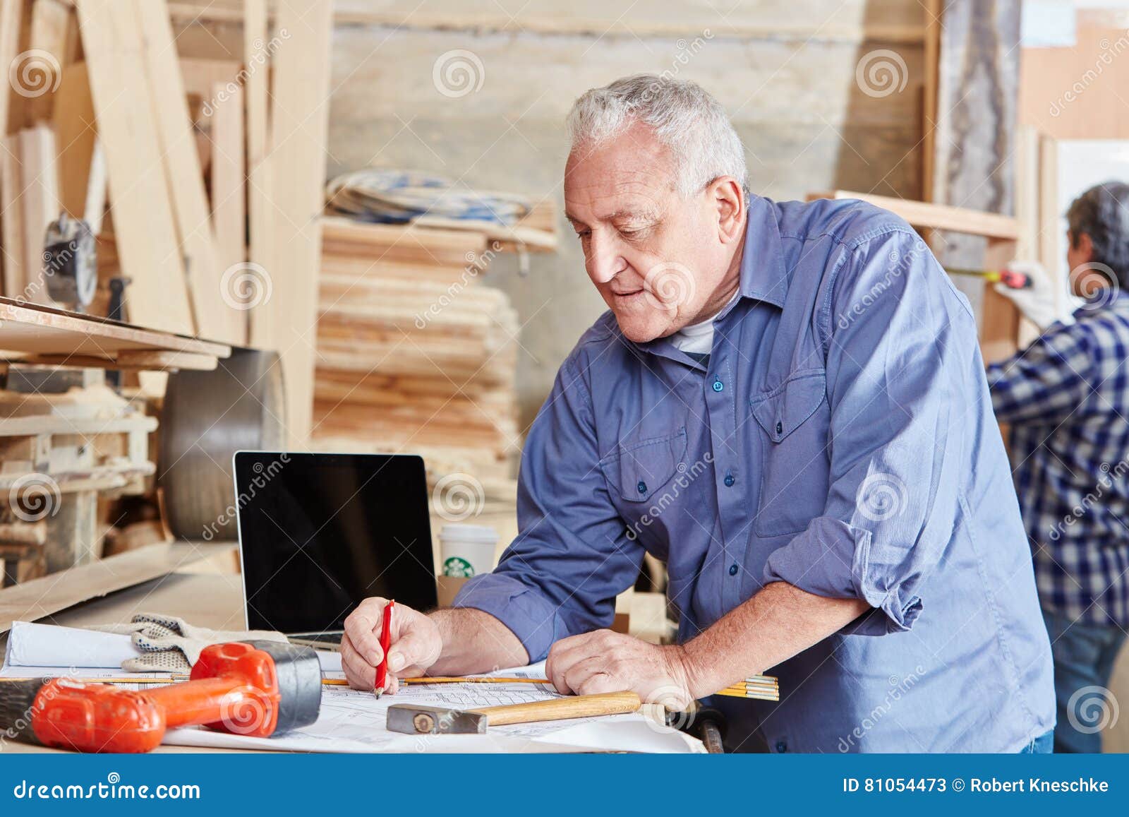 Senior Craftsman Drawing a Plan Stock Image - Image of draft, computer ...