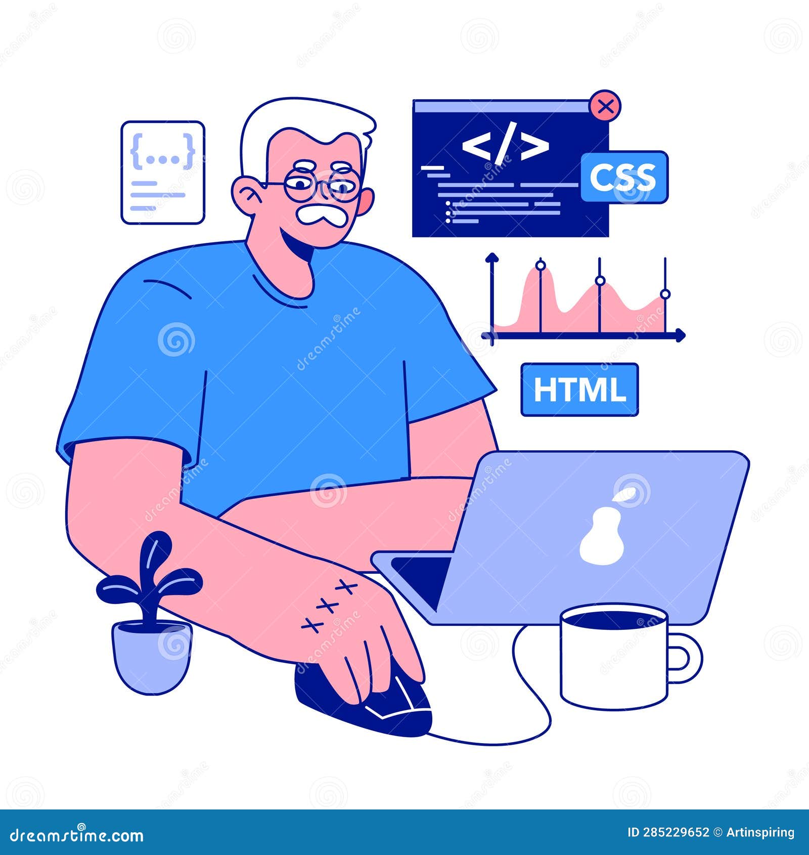 Senior Developer. Oldman Programming and Coding Stock Illustration ...
