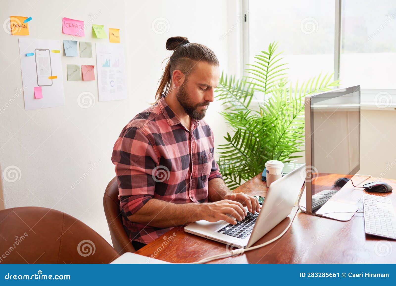 Senior Developer Works in Open Plan Creative Office, Man Bun Hipster ...