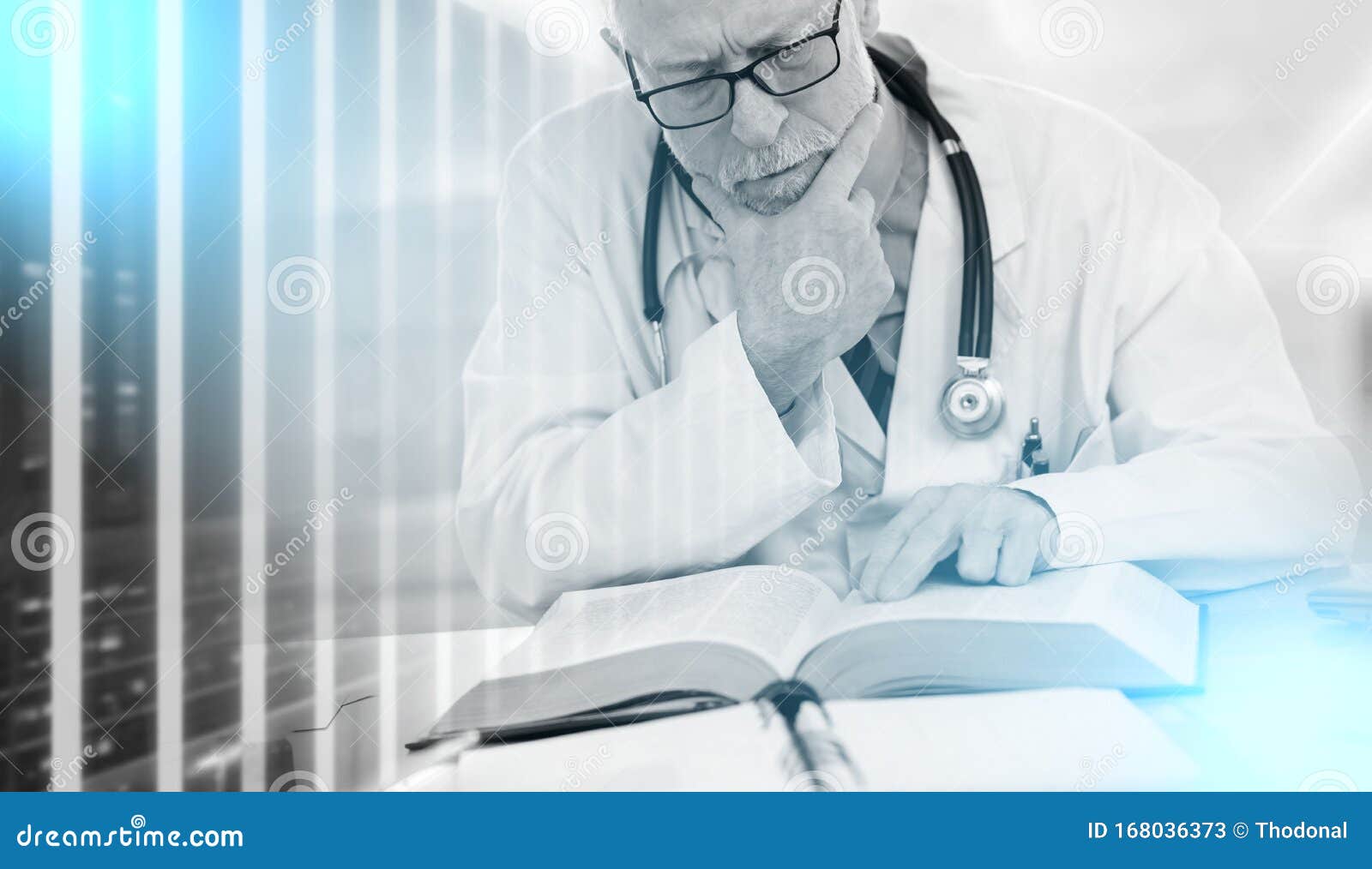 Doctor Reading a Textbook; Light Effect; Multiple Exposure Stock Image ...