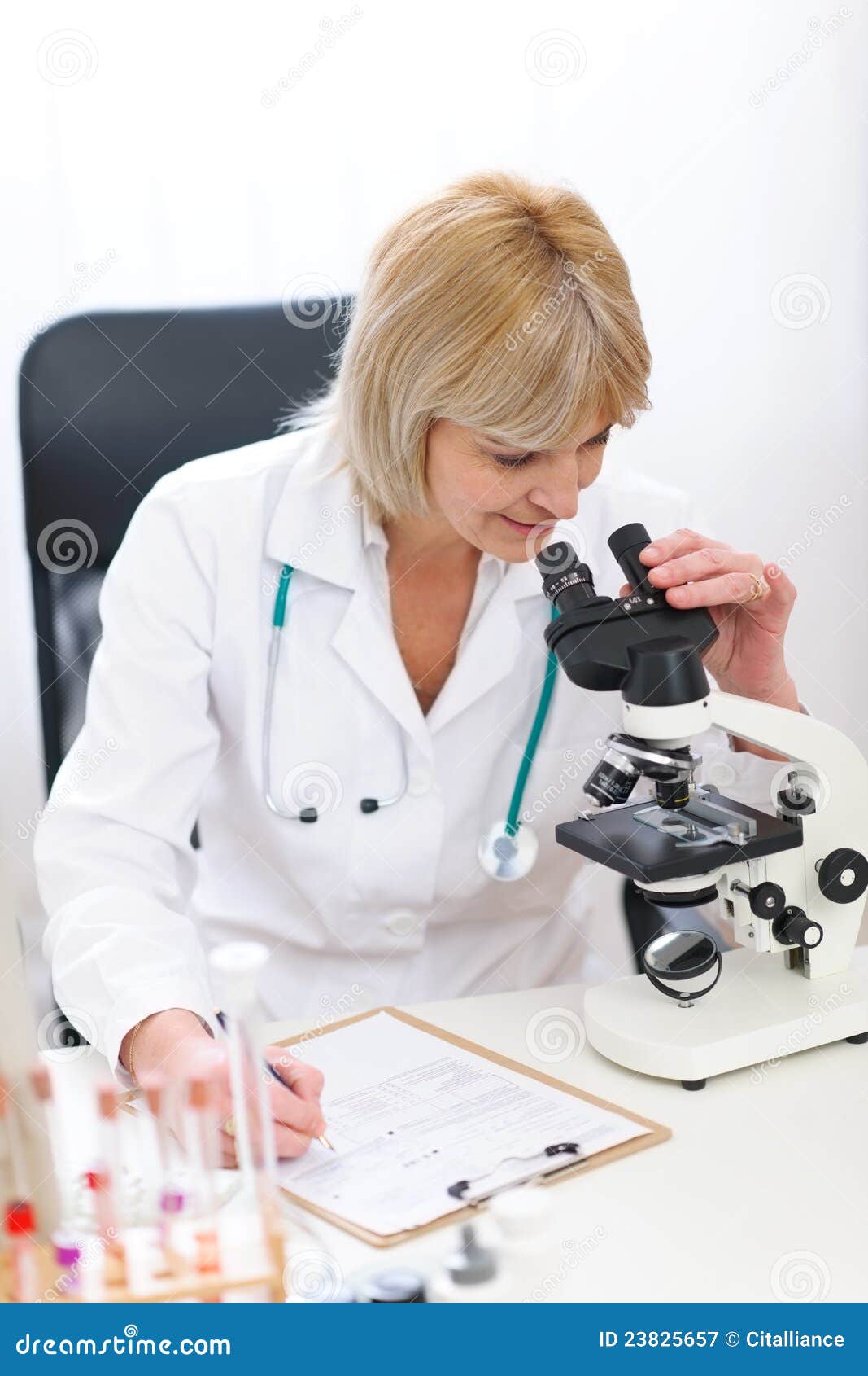 Senior Doctor Woman Working with Microscope Stock Image - Image of aged ...