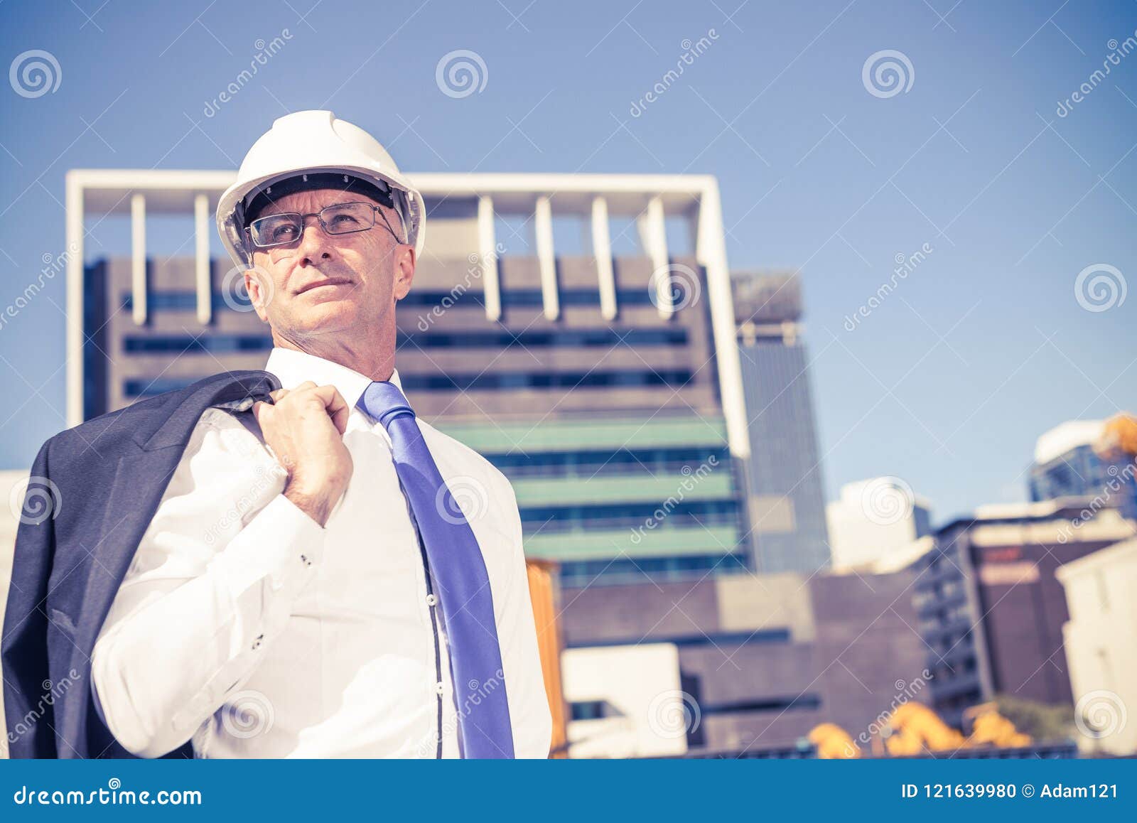 Senior Elegant Builder Man in Suit at Construction Site on Sunny Stock ...