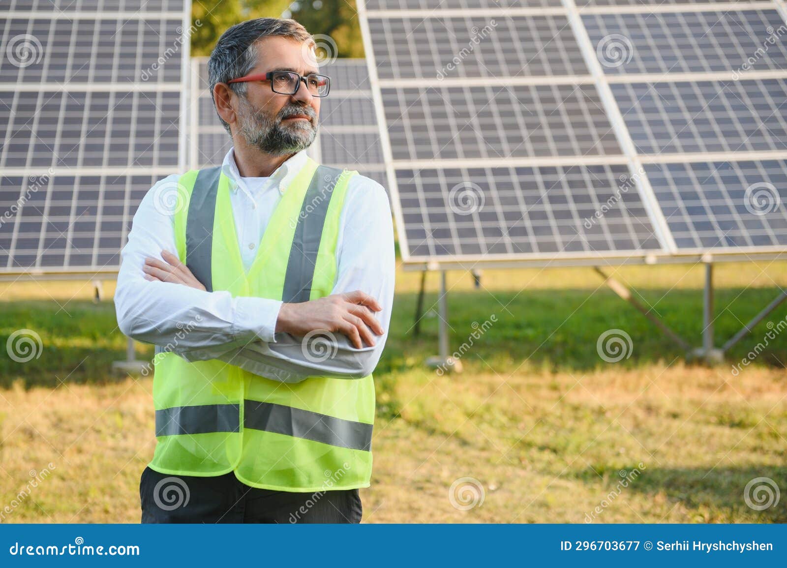 Senior Engineer Working on Solar Panel Farm. the Concept of Green ...