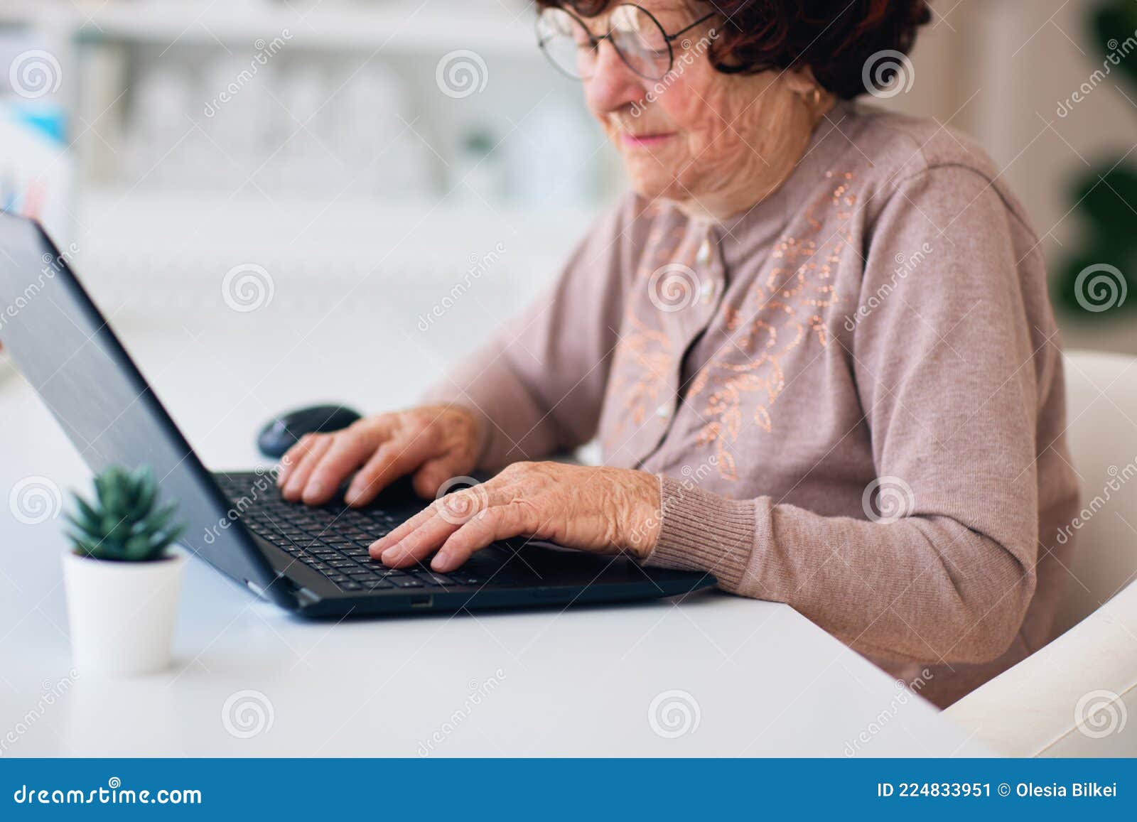 Senior Granny Using Laptop, Browsing Internet, Typing Message on Email ...