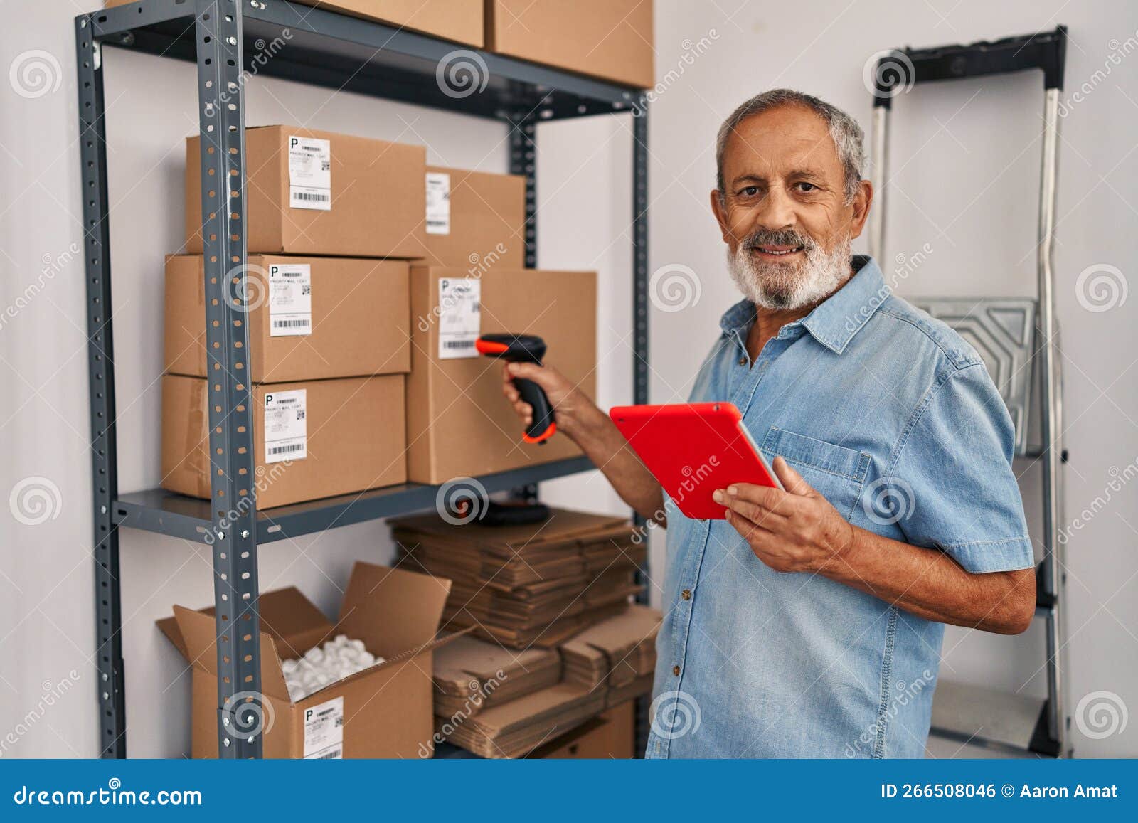 Senior Grey-haired Man Ecommerce Business Worker Scanning Package Using ...