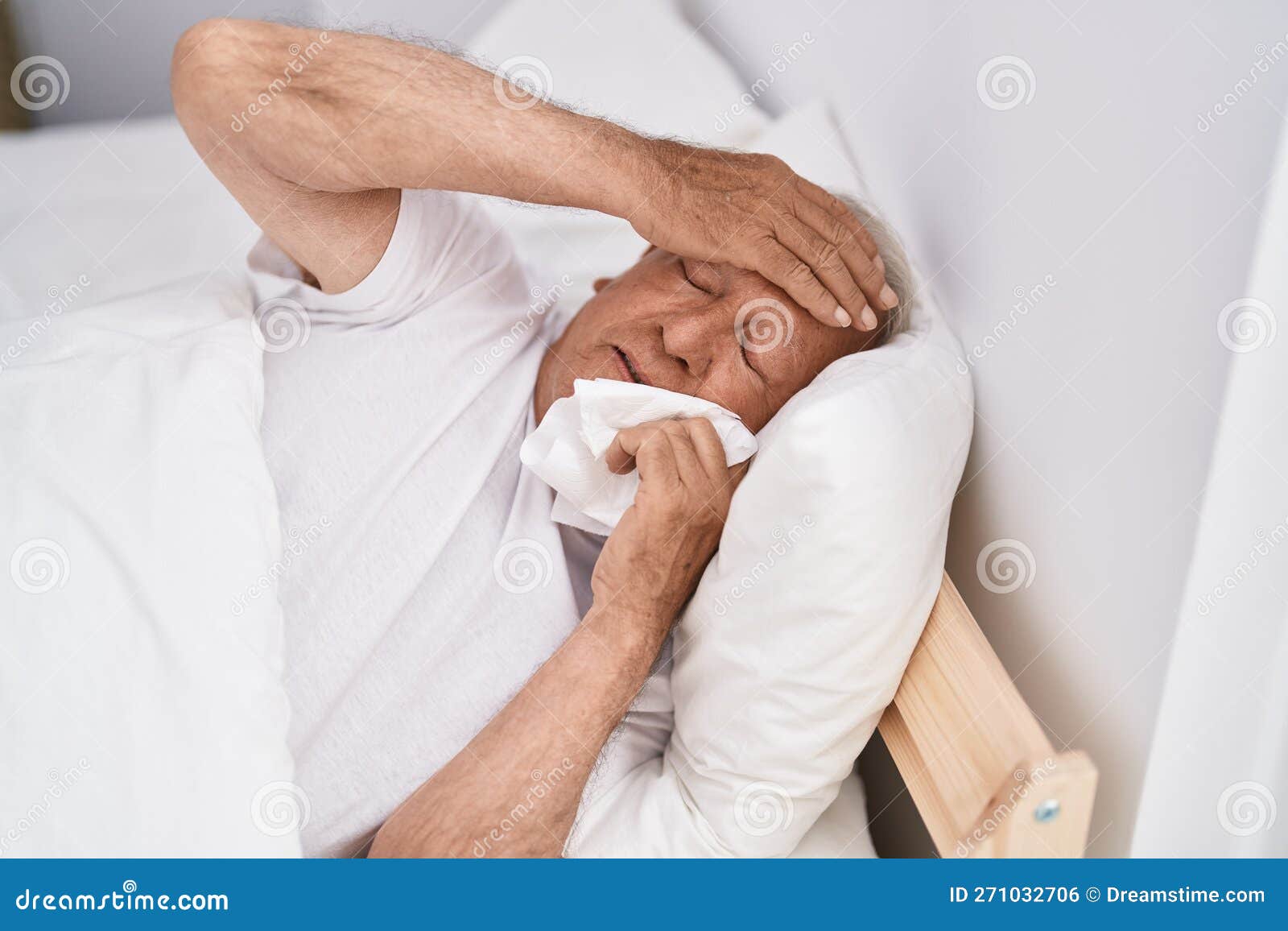 Senior Grey-haired Man Lying on Bed Crying at Bedroom Stock Photo ...
