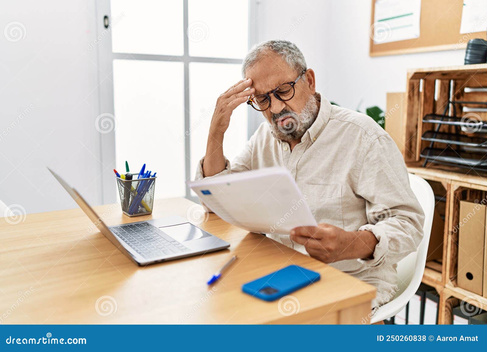 Senior Grey-haired Man Stressed Working at Office Stock Photo - Image ...