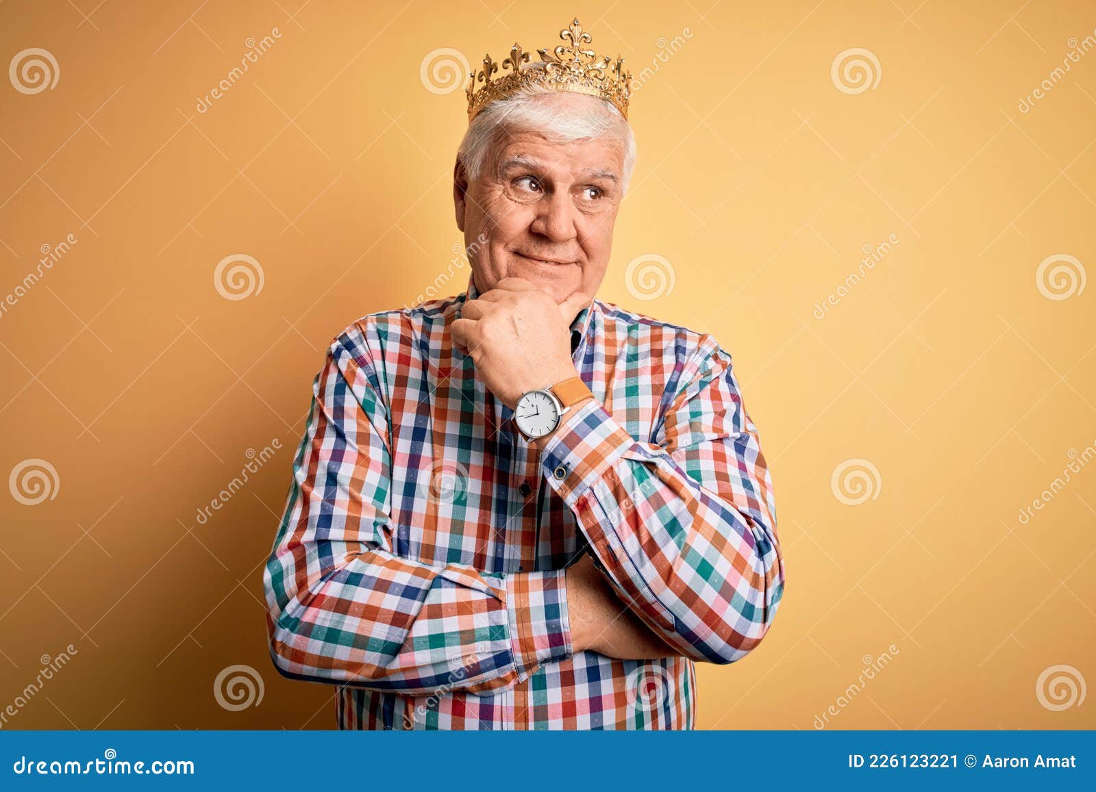 Senior Handsome Hoary Man Wearing Golden Crown Of King Over Isolated