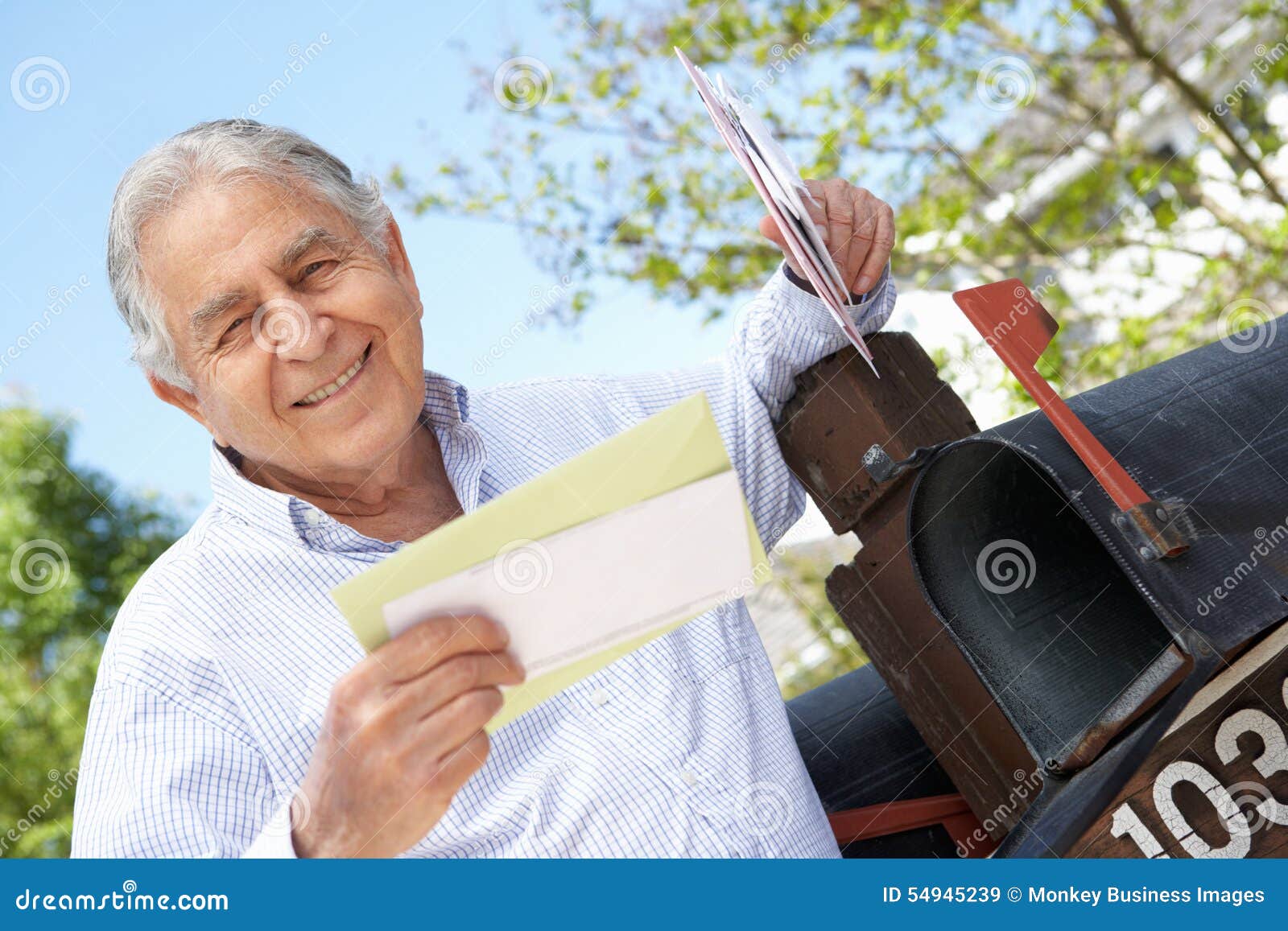 Senior Hispanic Man Checking Mailbox Stock Image - Image of good ...