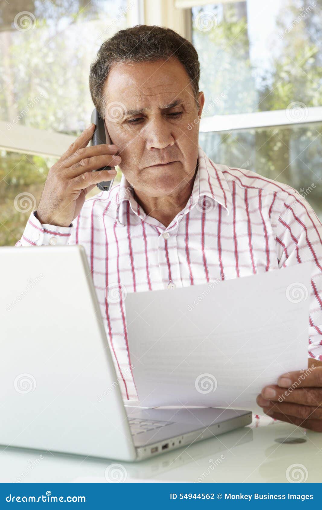 Senior Hispanic Man Working in Home Office Stock Photo - Image of adult ...