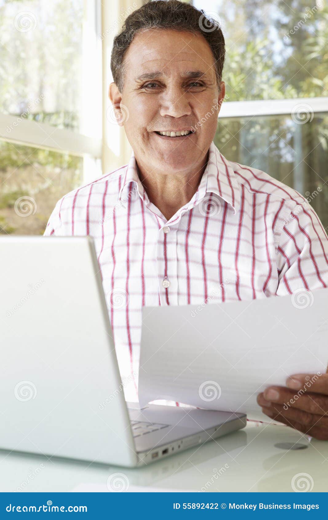 Senior Hispanic Man Working in Home Office Stock Photo - Image of desk ...